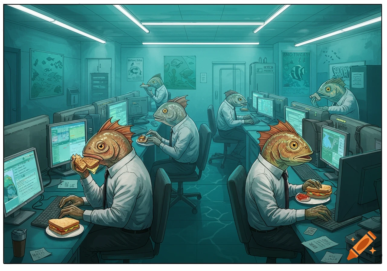 Illustration of bipedal fish people in an office working on computers ...