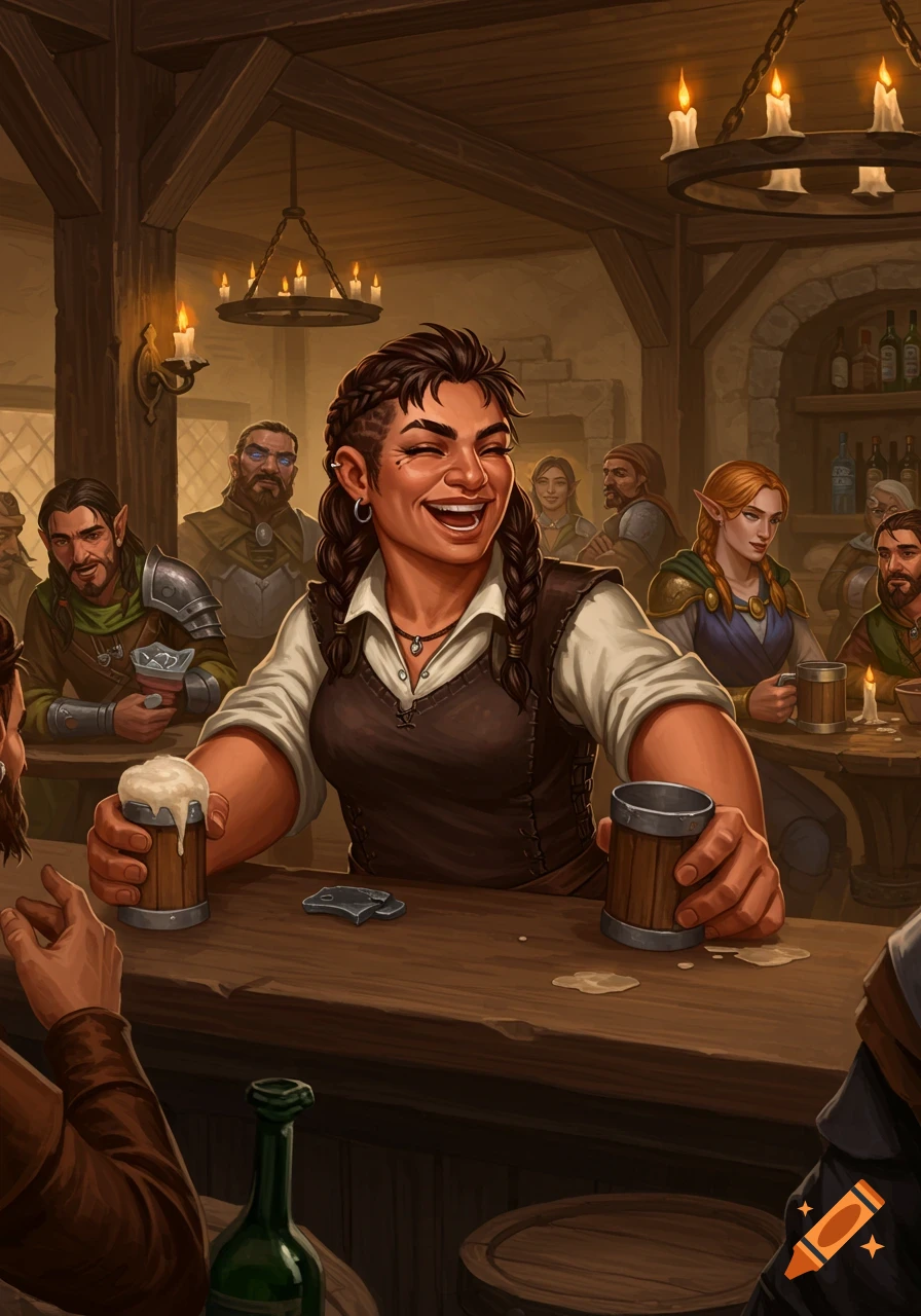 Fantasy illustration of a female dwarf laughing at a bar in a tavern ...