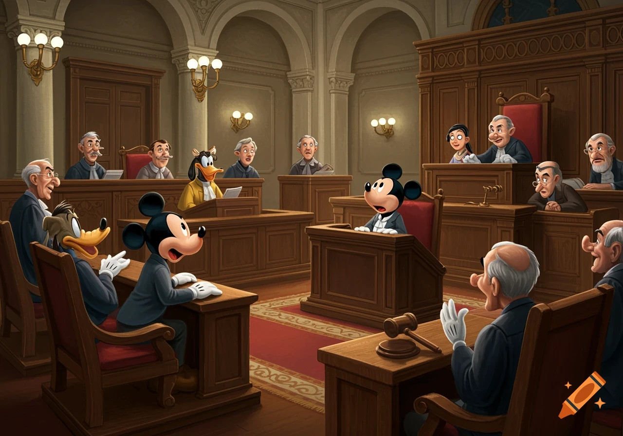 Cartoon characters resembling Mickey Mouse and Goofy in a courtroom ...