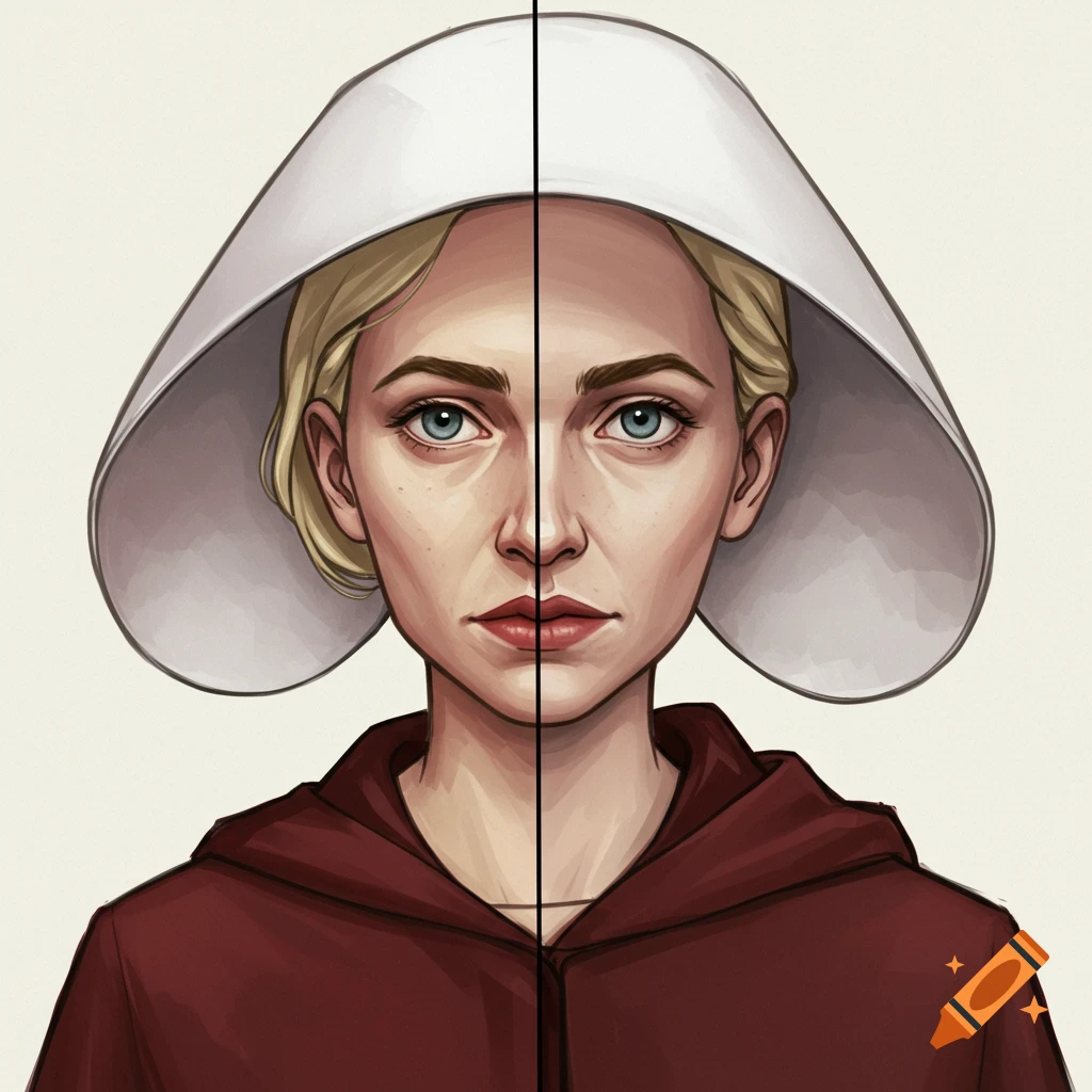 Digital illustration portrait of a woman in a red robe and white bonnet ...