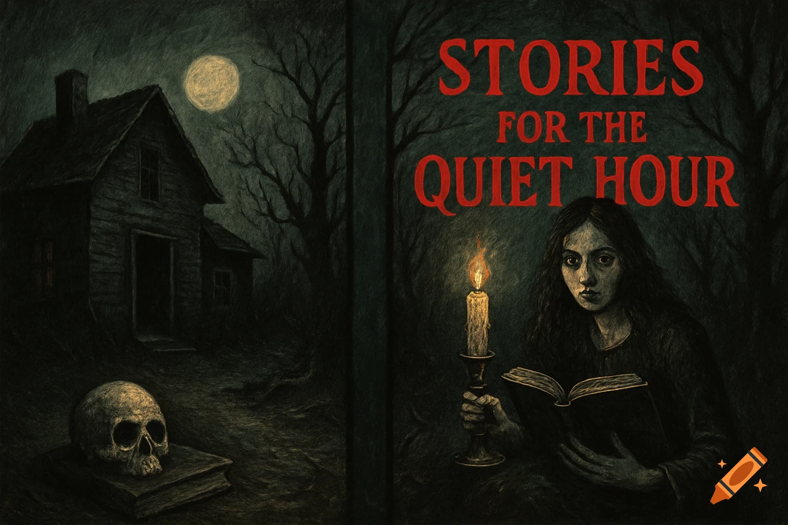 Dark art book cover for 'Stories for the Quiet Hour' with a spooky ...