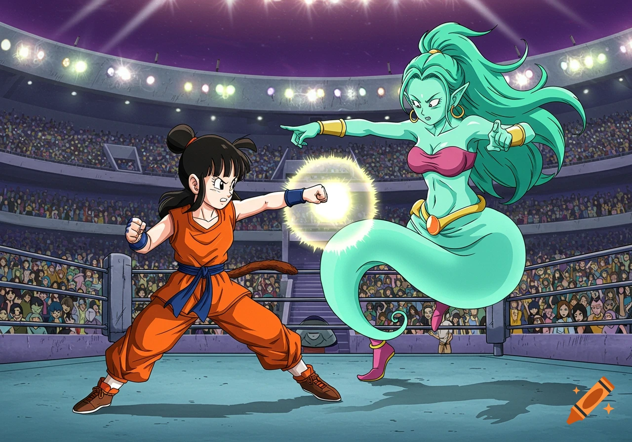 Chi Chi from Dragon Ball Z fights a genie in an anime style arena. on ...