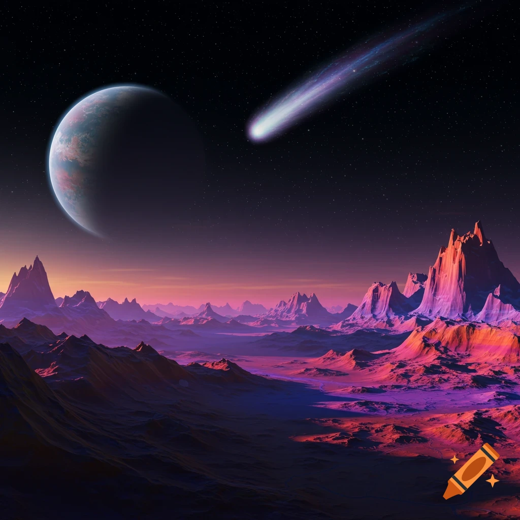 Alien landscape with purple mountains, a large planet, and a comet ...