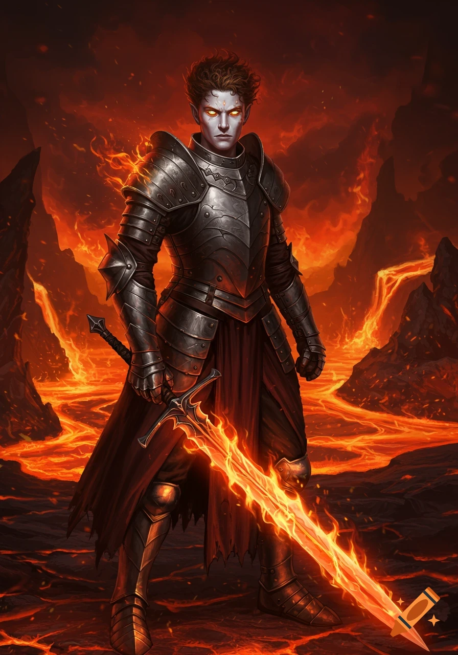 Fantasy warrior in armor with flaming sword standing in a lava ...