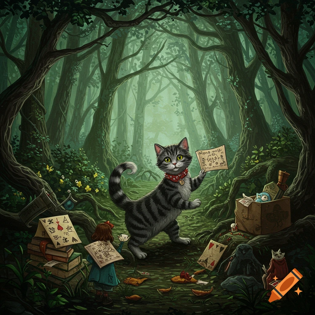 An illustrated fantasy scene with a cat and child in a magical forest ...