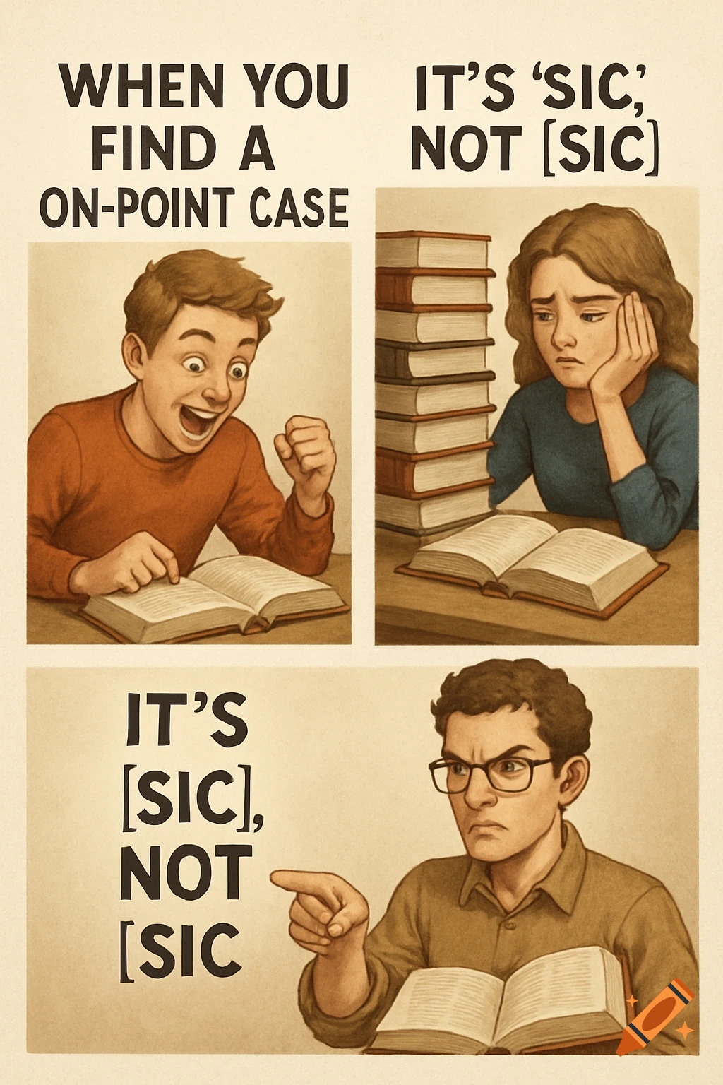 Three-panel legal meme illustration. Top left: excited man finds case ...