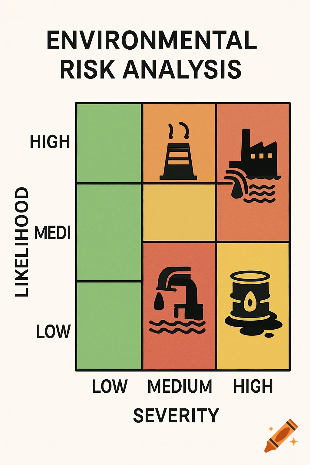 An environmental risk analysis chart showing pollution icons and ...