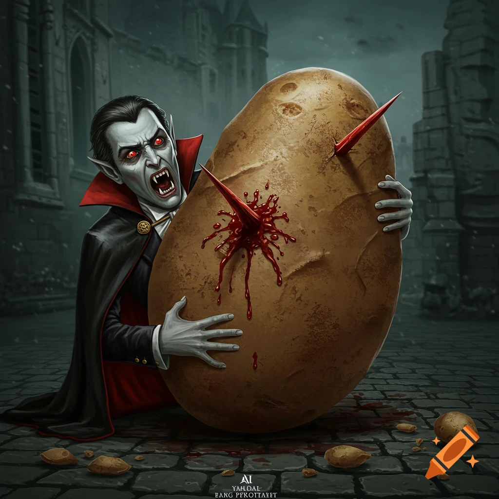 An angry vampire stabs a large potato with a bloody wooden stake on a ...