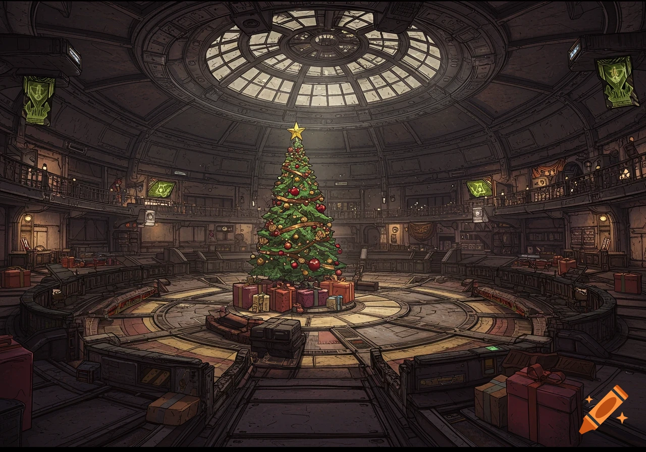 A large Christmas tree stands in the center of a circular, cell-shaded ...