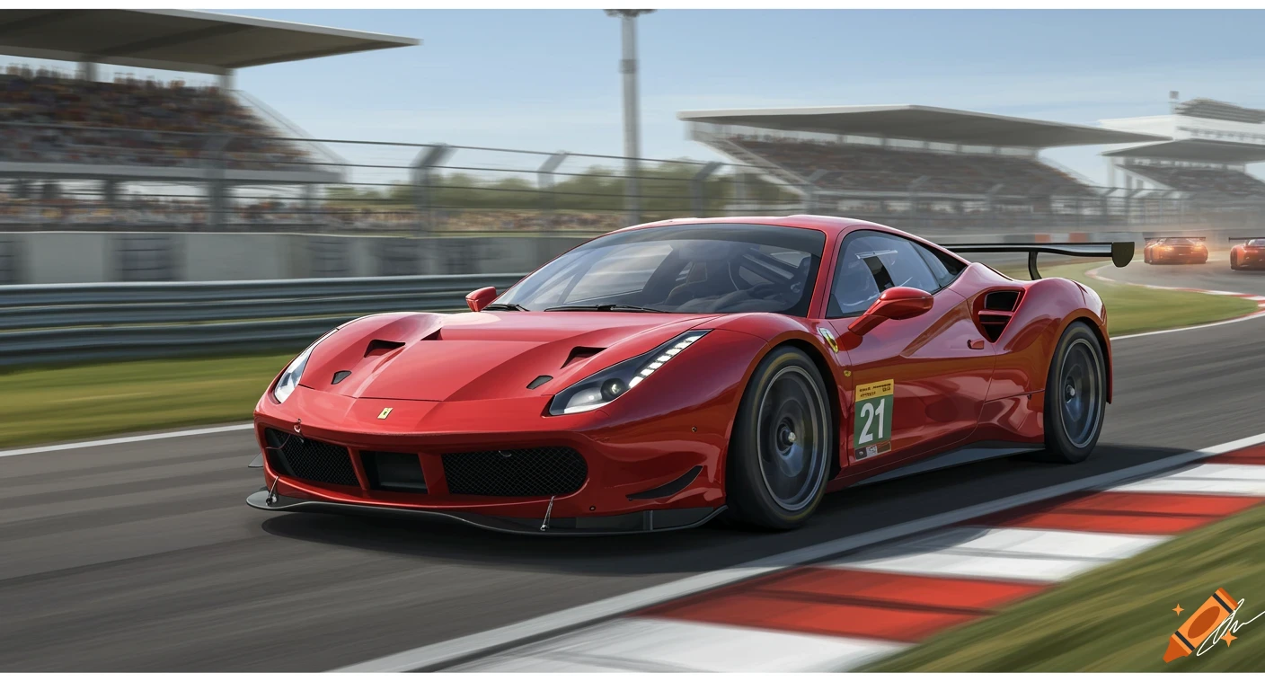 A red Ferrari race car speeds along a track during a race. on Craiyon