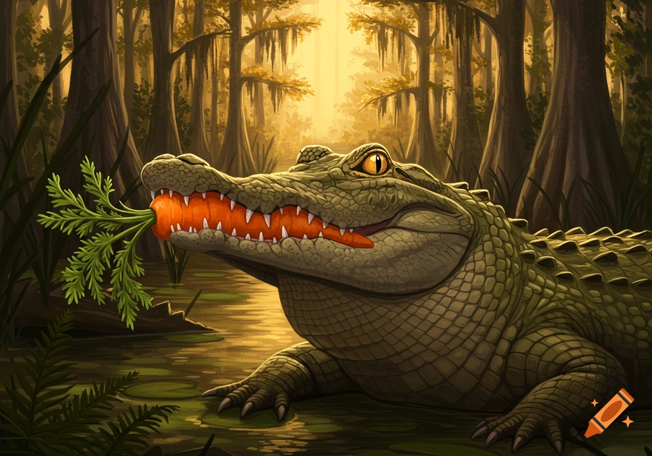 Illustration of a cartoon alligator eating a large carrot in a swamp ...