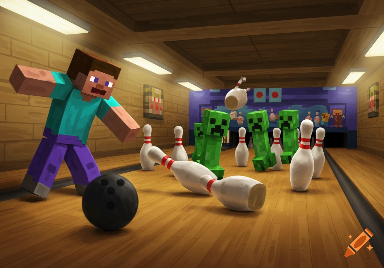 Steve from Minecraft bowls a strike, knocking down Creepers used as ...