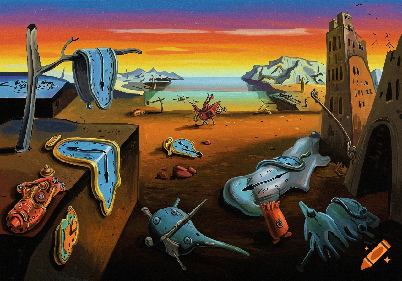 Surreal landscape painting with melting clocks, strange figures, and ...
