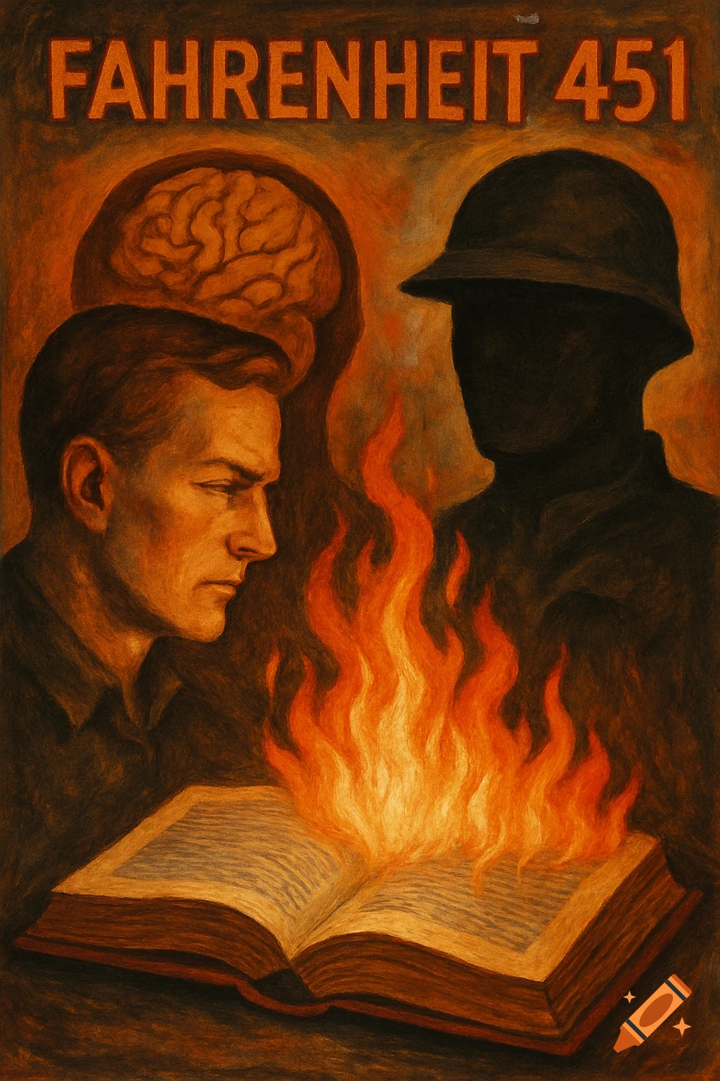 Painting for Fahrenheit 451 showing a man, a silhouetted figure, and a ...