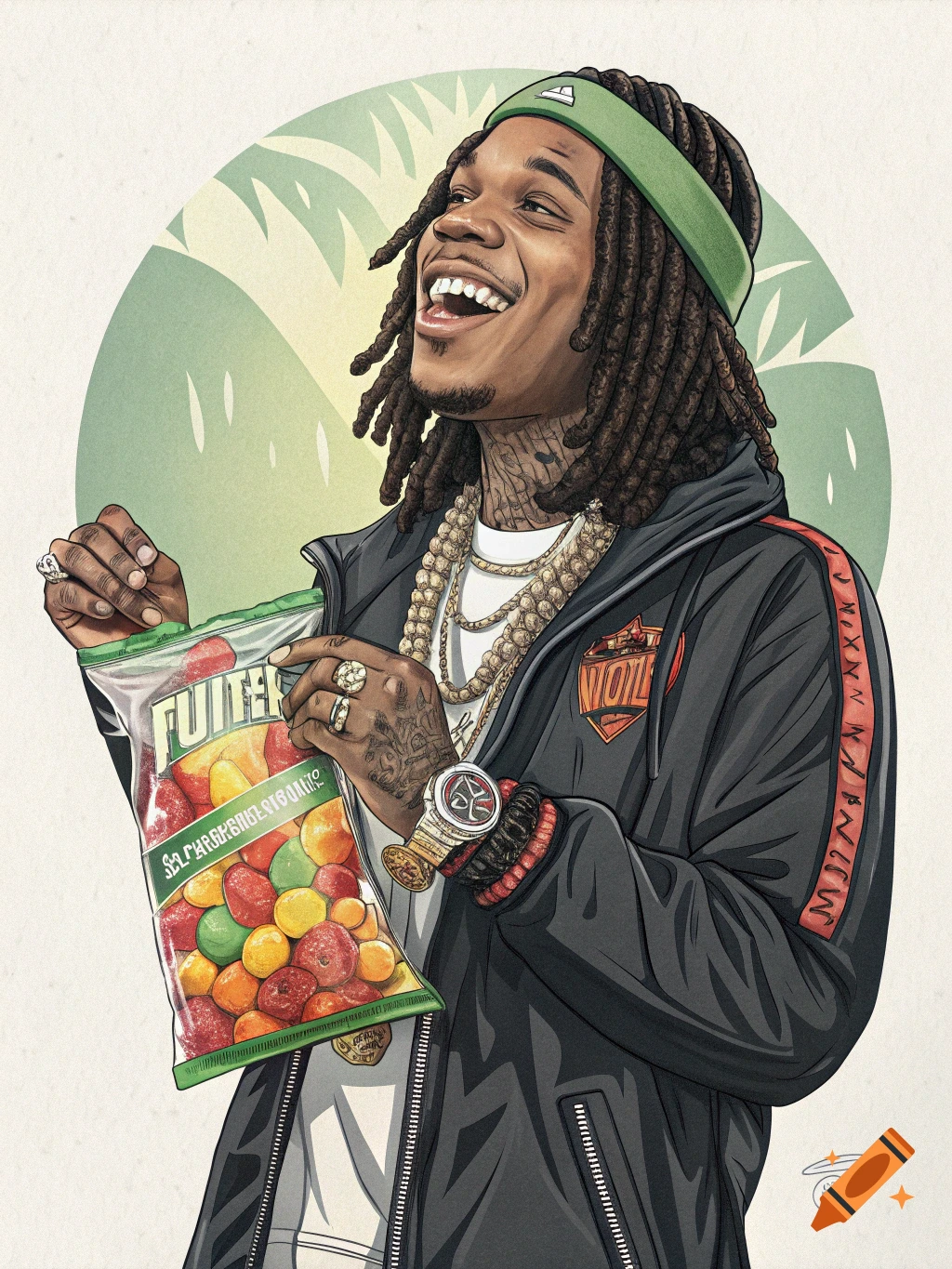 Stylized illustration of a person with dreadlocks, headband, and chains ...