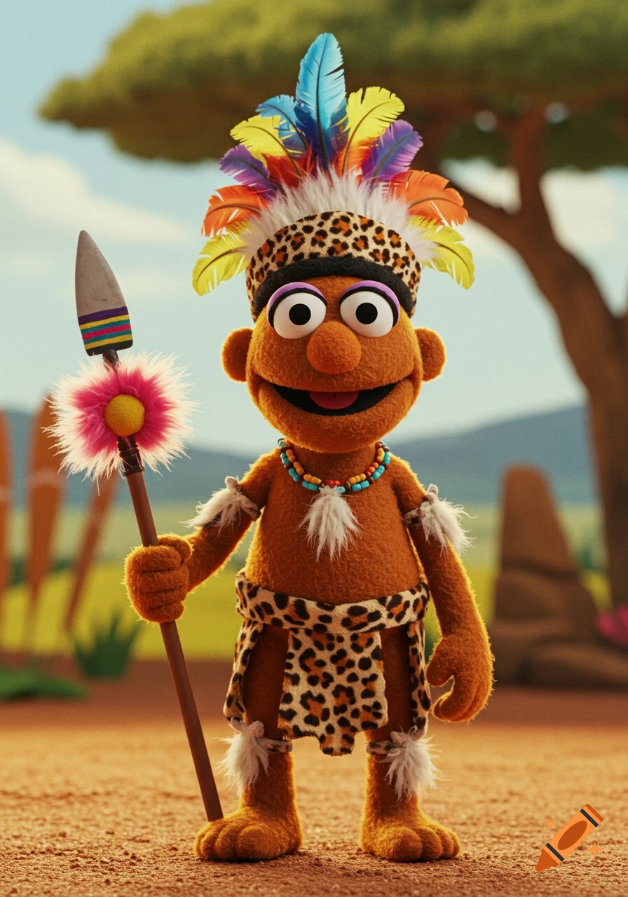 A muppet character dressed as a Zulu warrior holding a spear in an ...