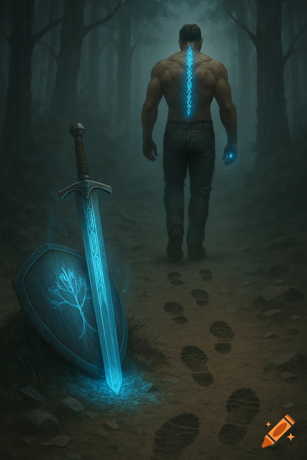 Muscular man with glowing runes on his back walks away from a glowing ...