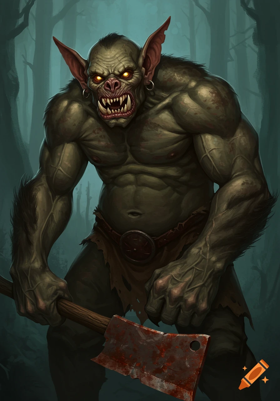 Digital painting of a green-skinned fantasy monster with bat-like ears ...