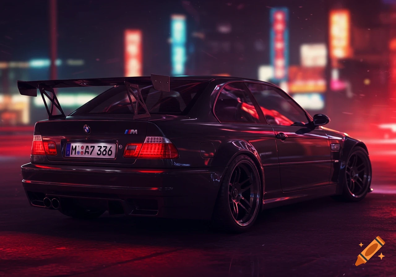 Rear view of a black BMW M3 GTR parked in a neon-lit city street at ...