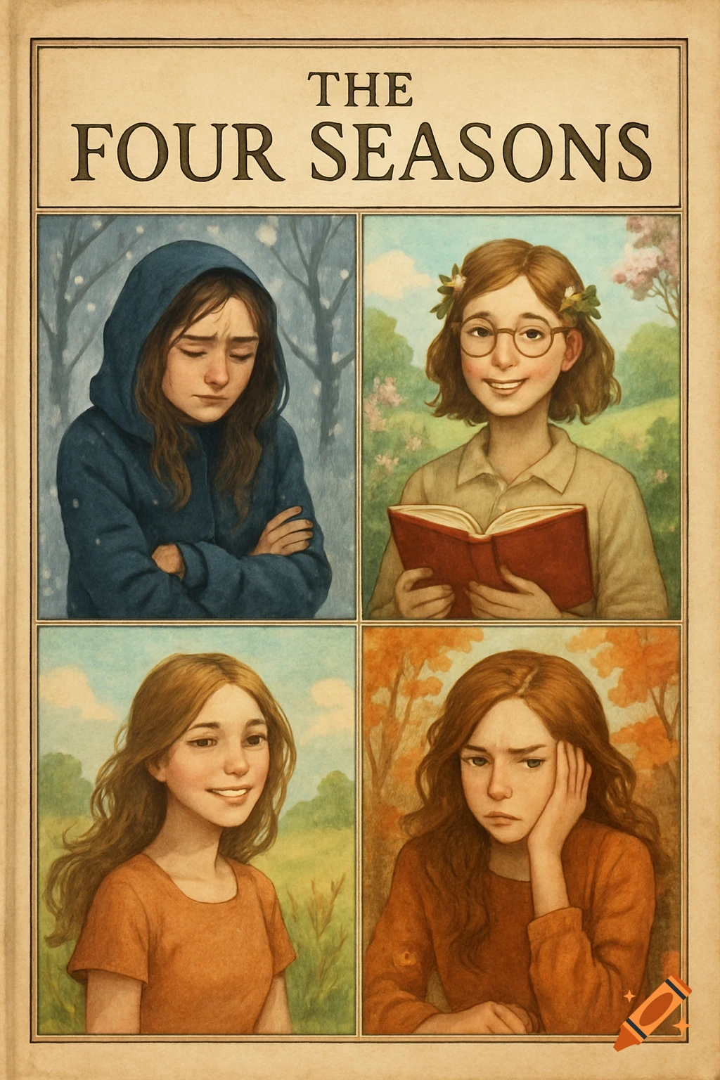 Illustrated book cover with four panels showing portraits of girls ...