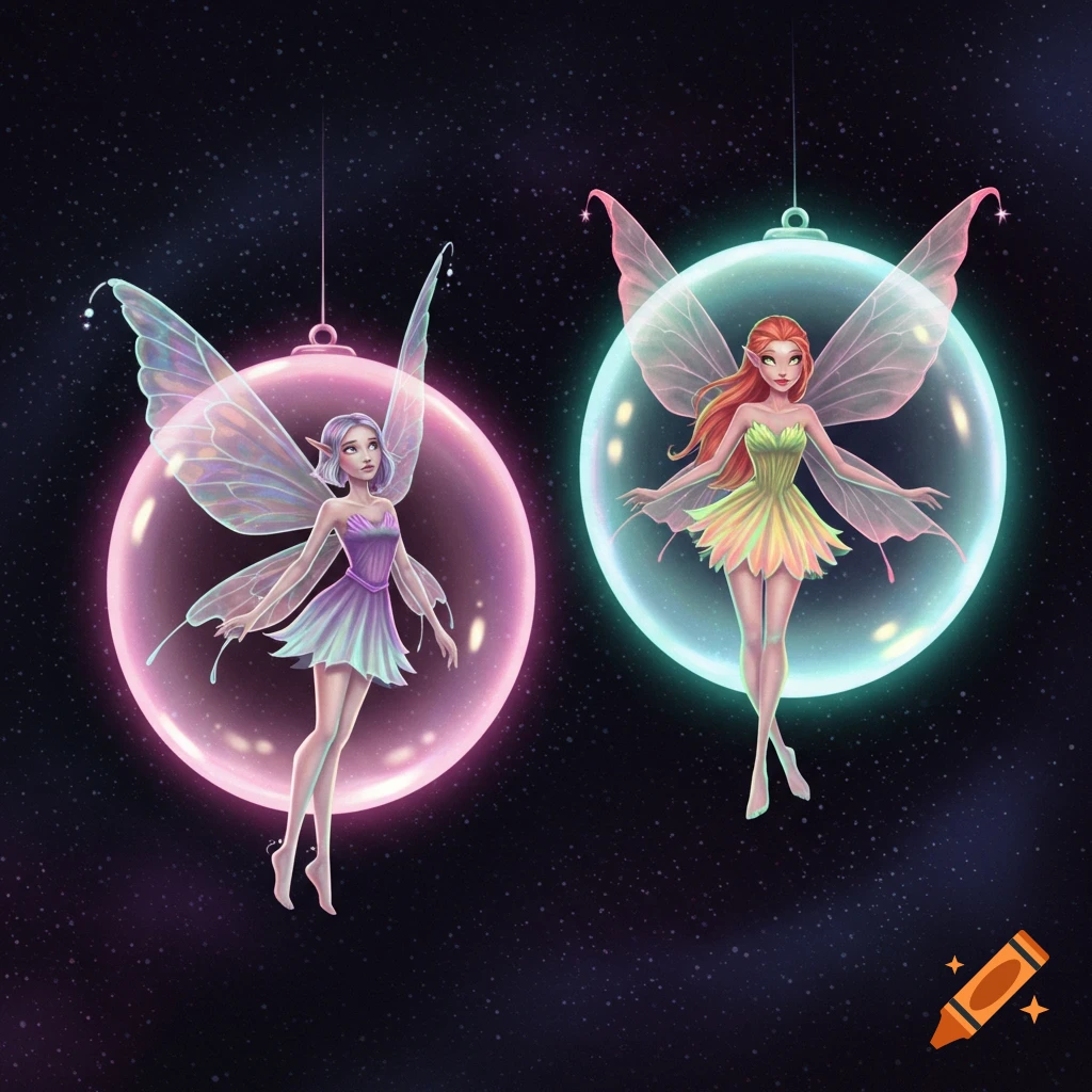 Two fairies float in glowing pink and blue orbs in space. on Craiyon