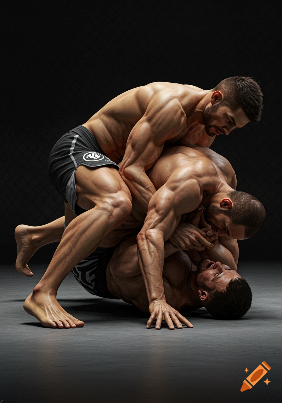 Two muscular men grapple in a dark, photorealistic image of combat sports. on Craiyon
