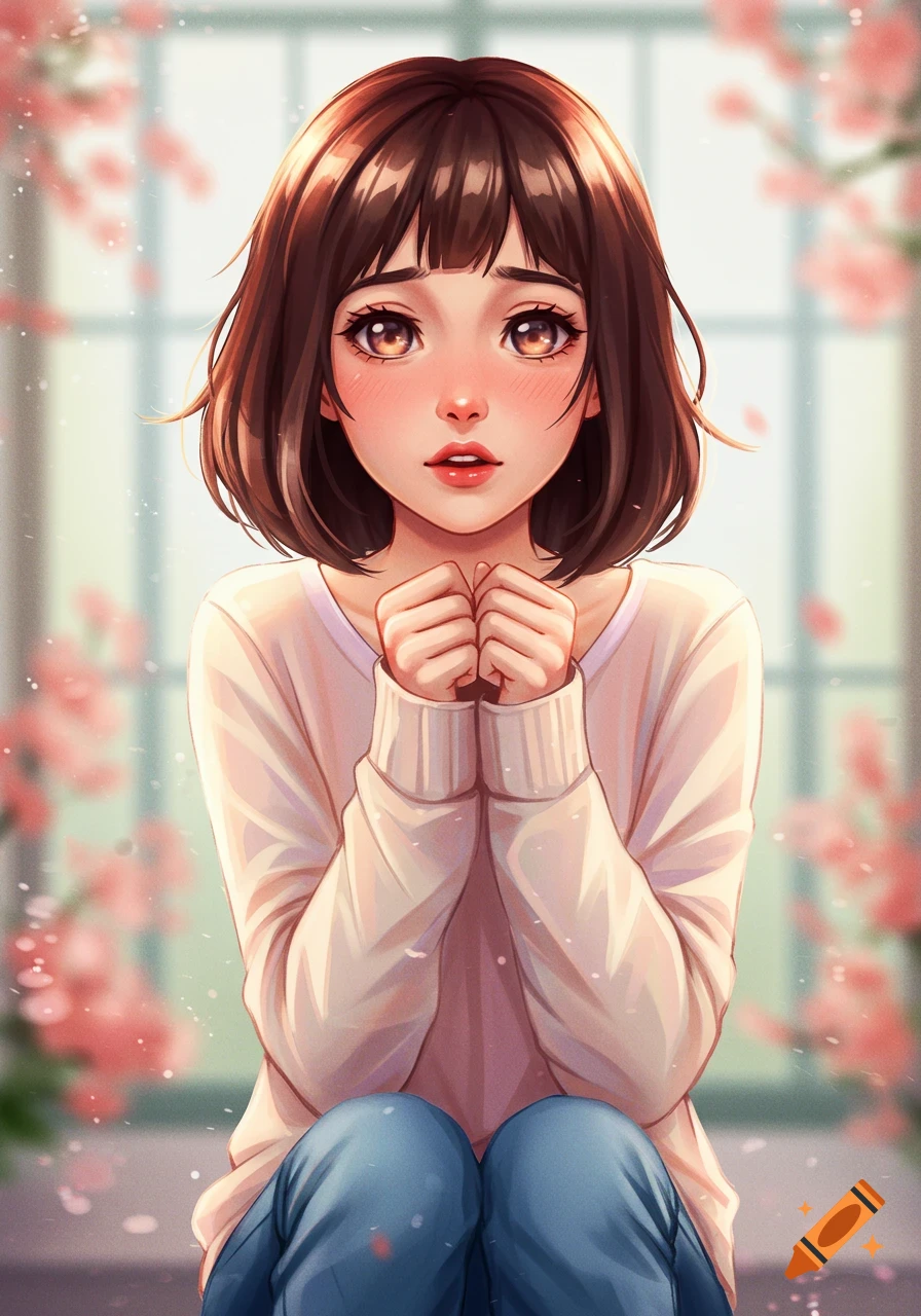 Shy anime girl with brown hair, large eyes, and blushing cheeks on Craiyon