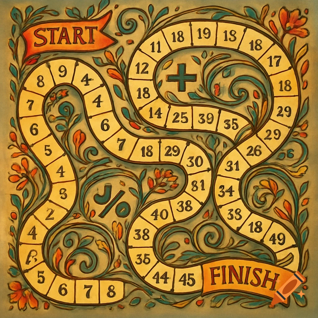 A vintage-style board game board with a curving path, marked spots with ...