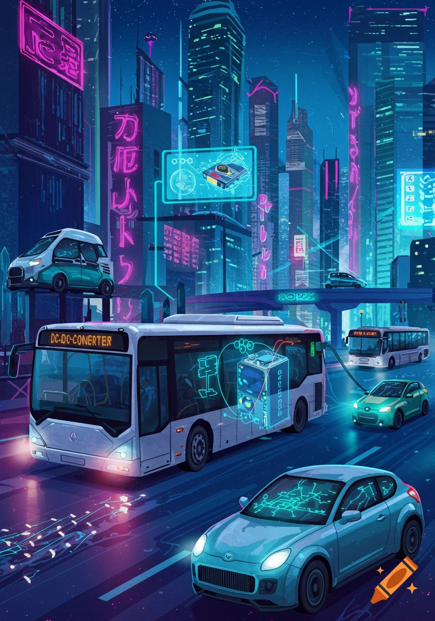 A cyberpunk cityscape scene at night with electric buses and cars on a ...