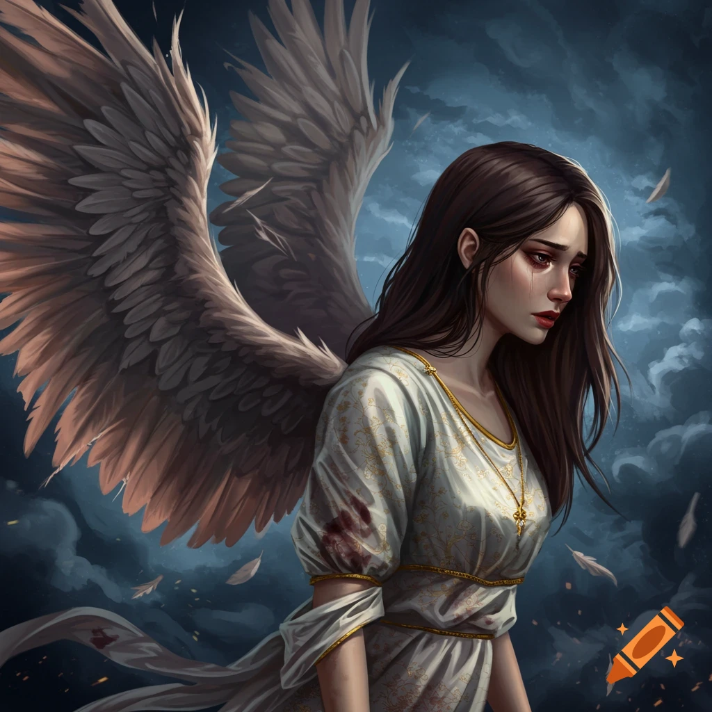 Digital painting of a sad angel with large feathered wings and a white ...