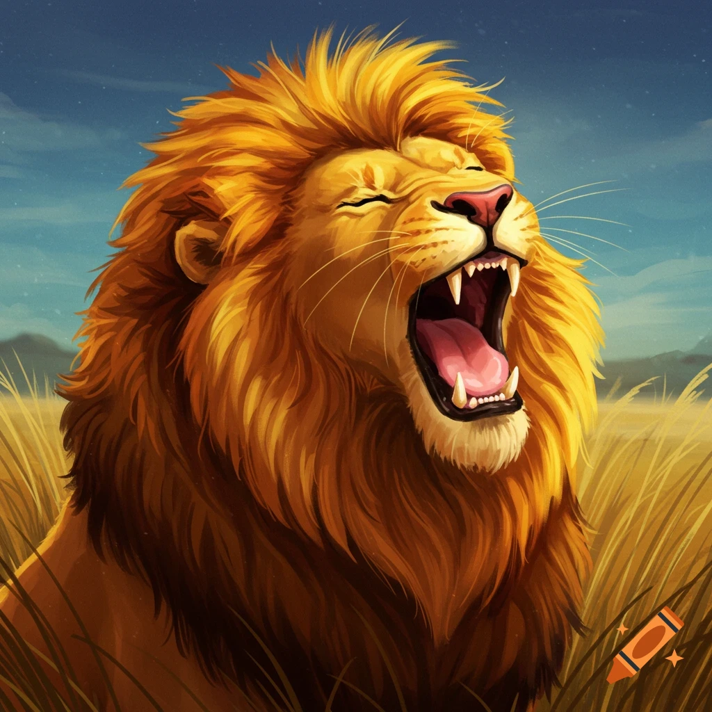 An illustration of a lion roaring in a grassy field under a blue sky ...