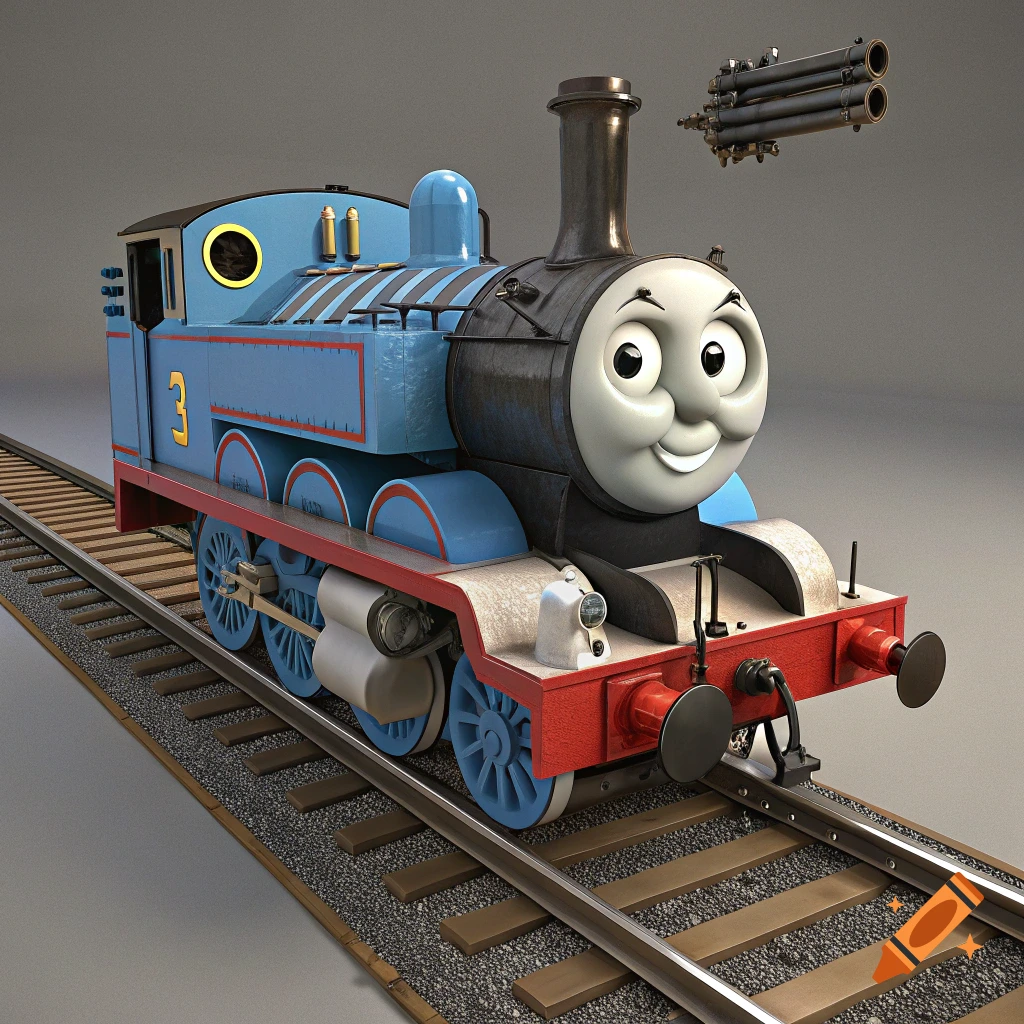 A 3D rendering of Thomas the Tank Engine on train tracks with miniguns attached. on Craiyon