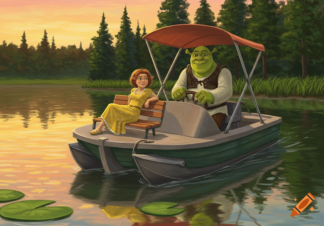 Shrek and Fiona on a pontoon boat on a lake at sunset on Craiyon