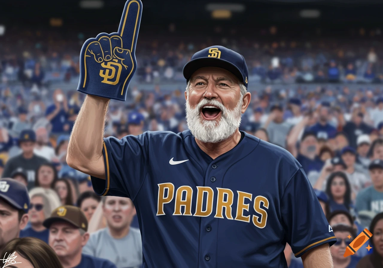 Man in San Diego Padres jersey and cap holding a foam finger in a ...