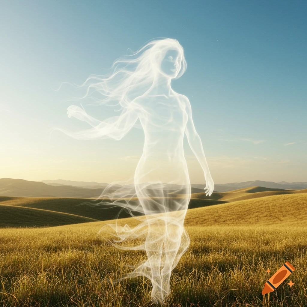 An ethereal spirit stands in a sunlit, grassy field with rolling hills ...
