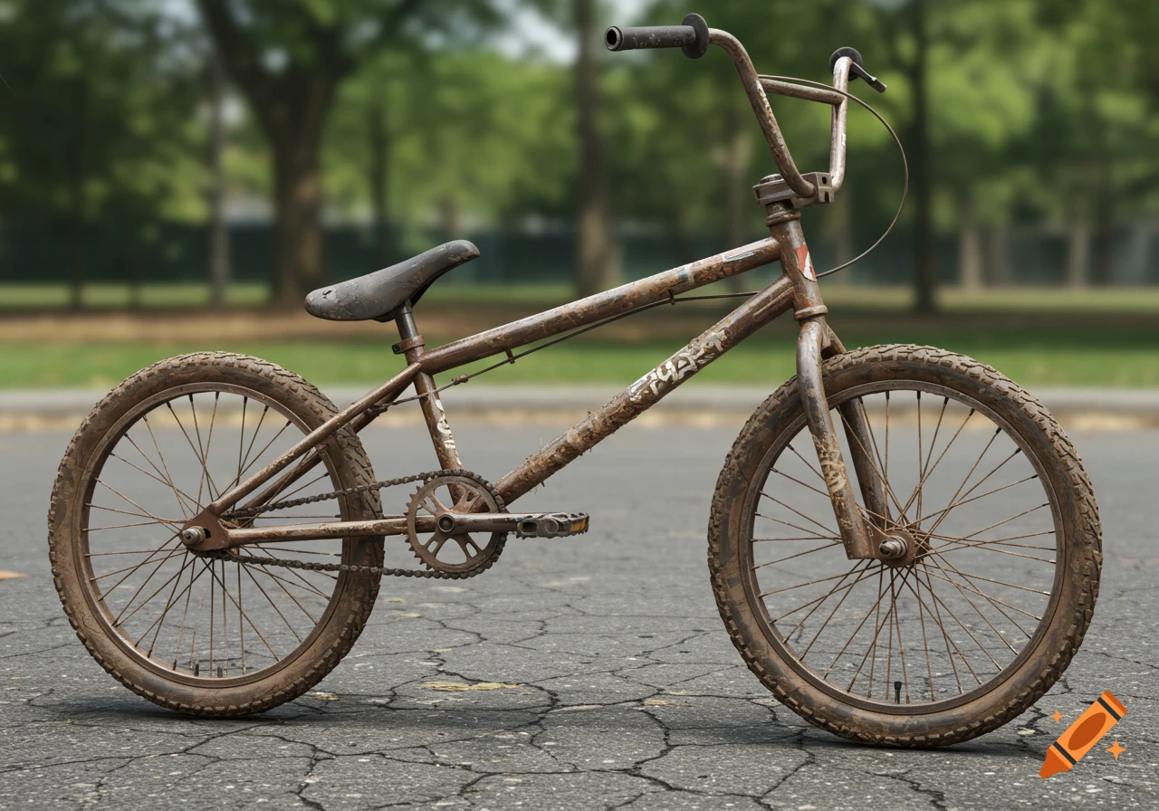 A beat-up, dirt-covered BMX bike stands on cracked asphalt. on Craiyon