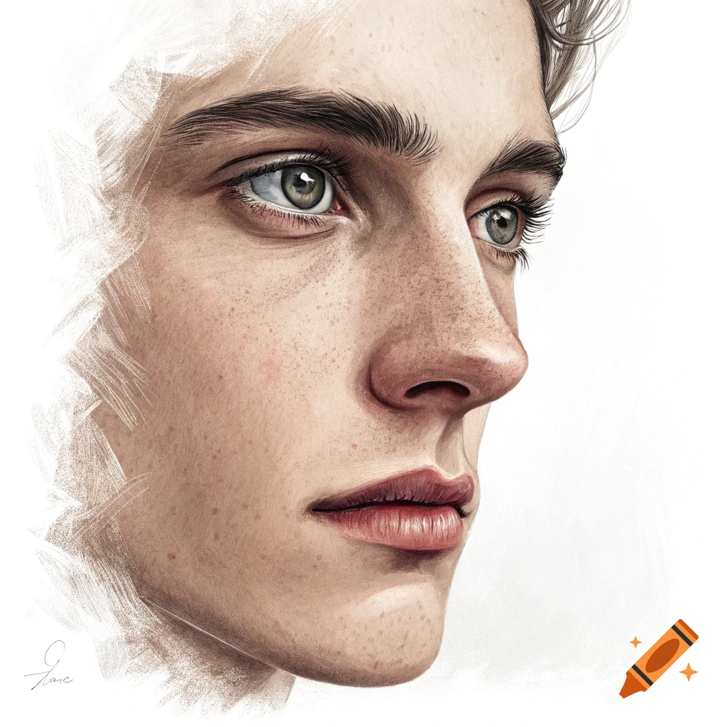 A close-up drawing of a young man's face against a white background. on ...