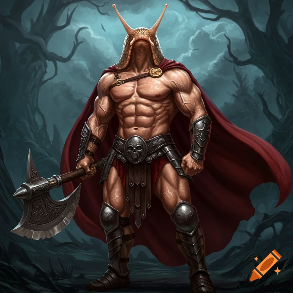 A muscular warrior with a snail head holds an axe in a dark forest. on ...