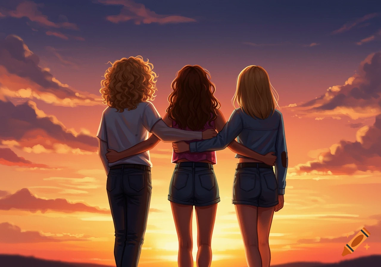 Three young women linking arms watch the sunset, illustration. on Craiyon