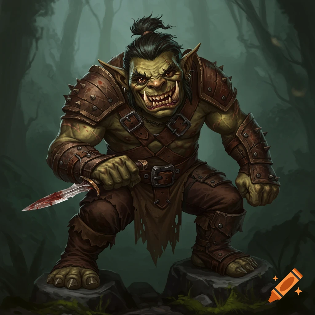 An orc in leather armor holding a bloody knife stands in a dark forest ...