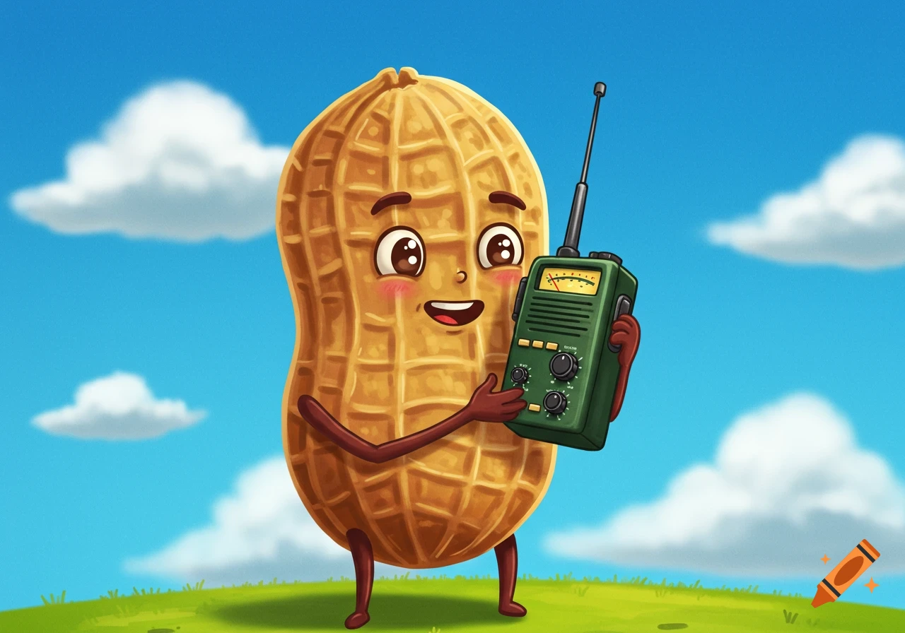 Cartoon peanut character holding a walkie-talkie on Craiyon