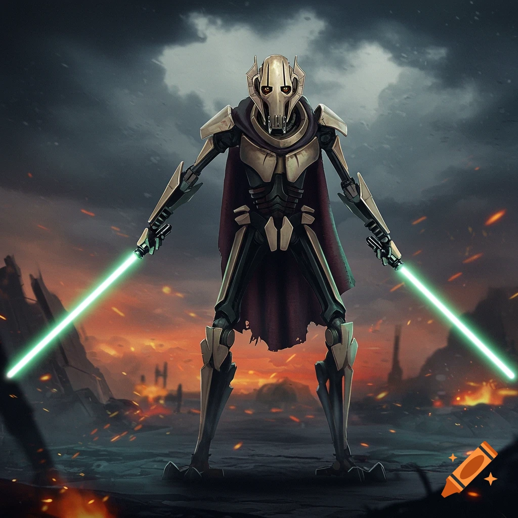 General Grievous holds two green lightsabers in a burning battlefield ...