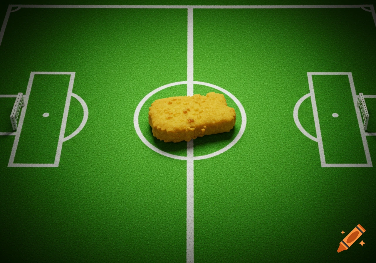 A chicken nugget sits in the center circle of a football field. on Craiyon