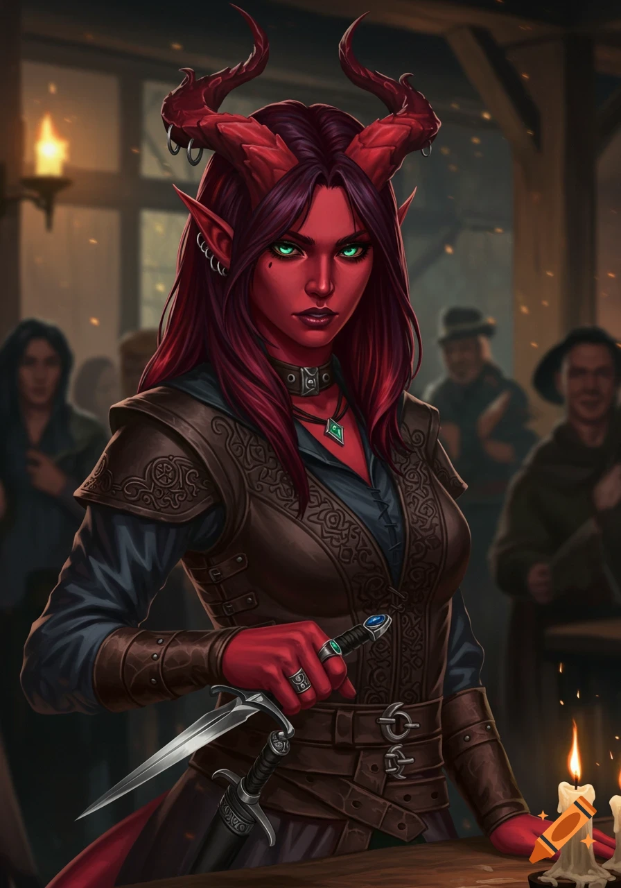 Detailed illustration of a red-skinned female tiefling with horns and green eyes holding a ...