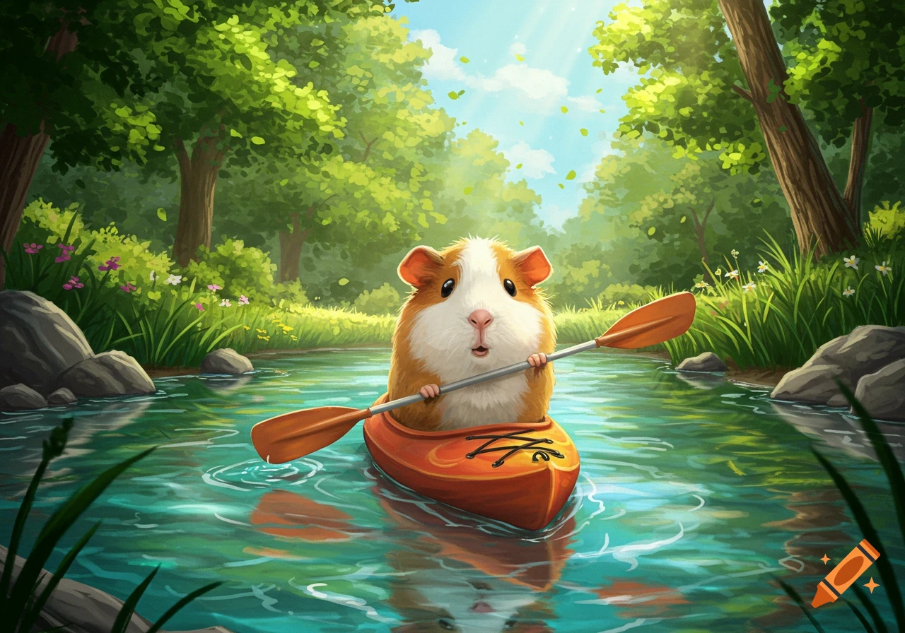 A cute guinea pig paddles a kayak down a river surrounded by trees and ...