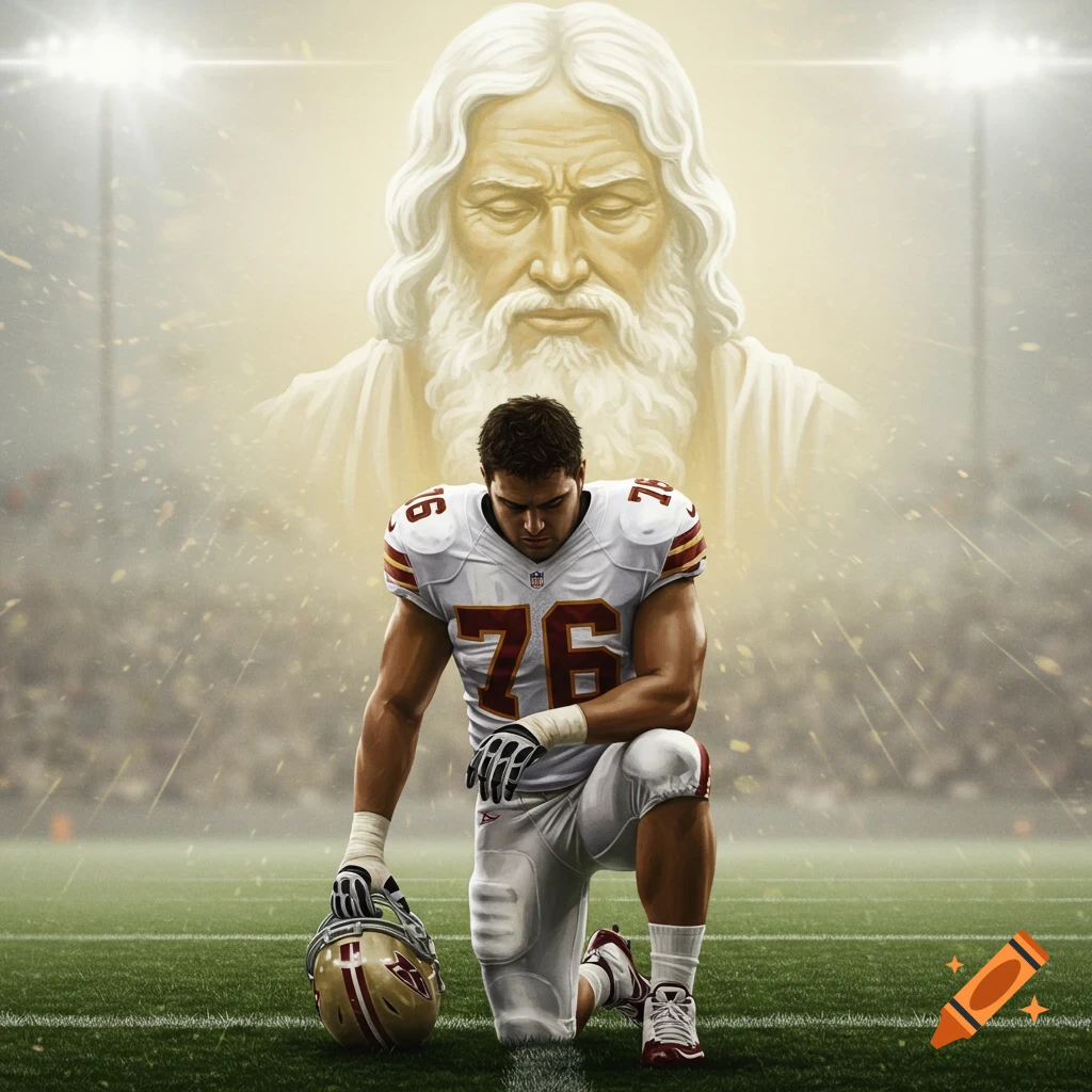 Football player kneeling on field with helmet, spiritual figure above ...