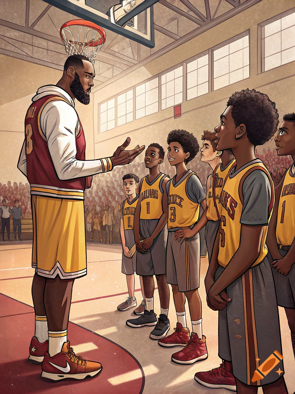 Illustration of a tall basketball player addressing a high school team ...