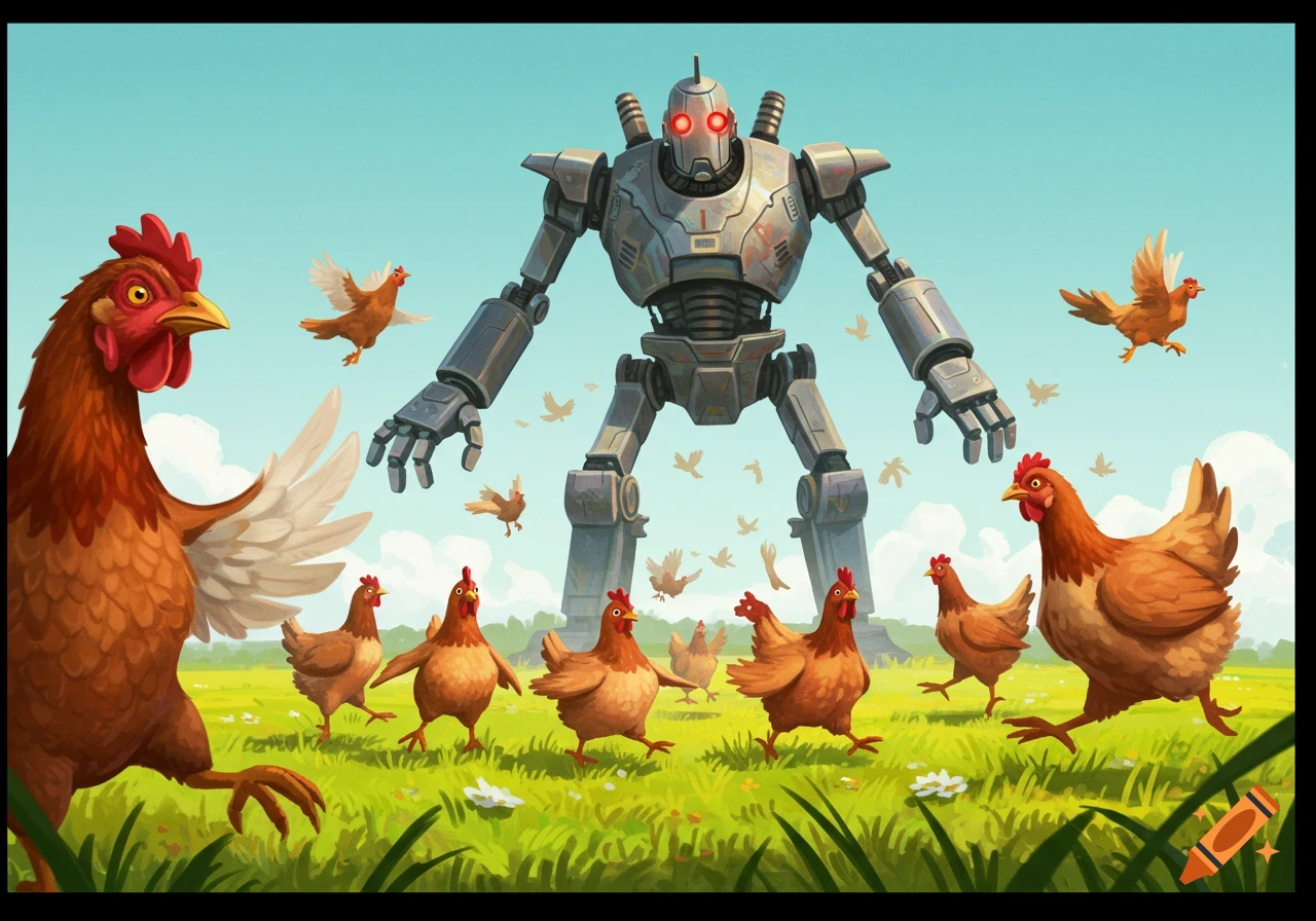 An illustration of a large robot standing among chickens in a field. on ...