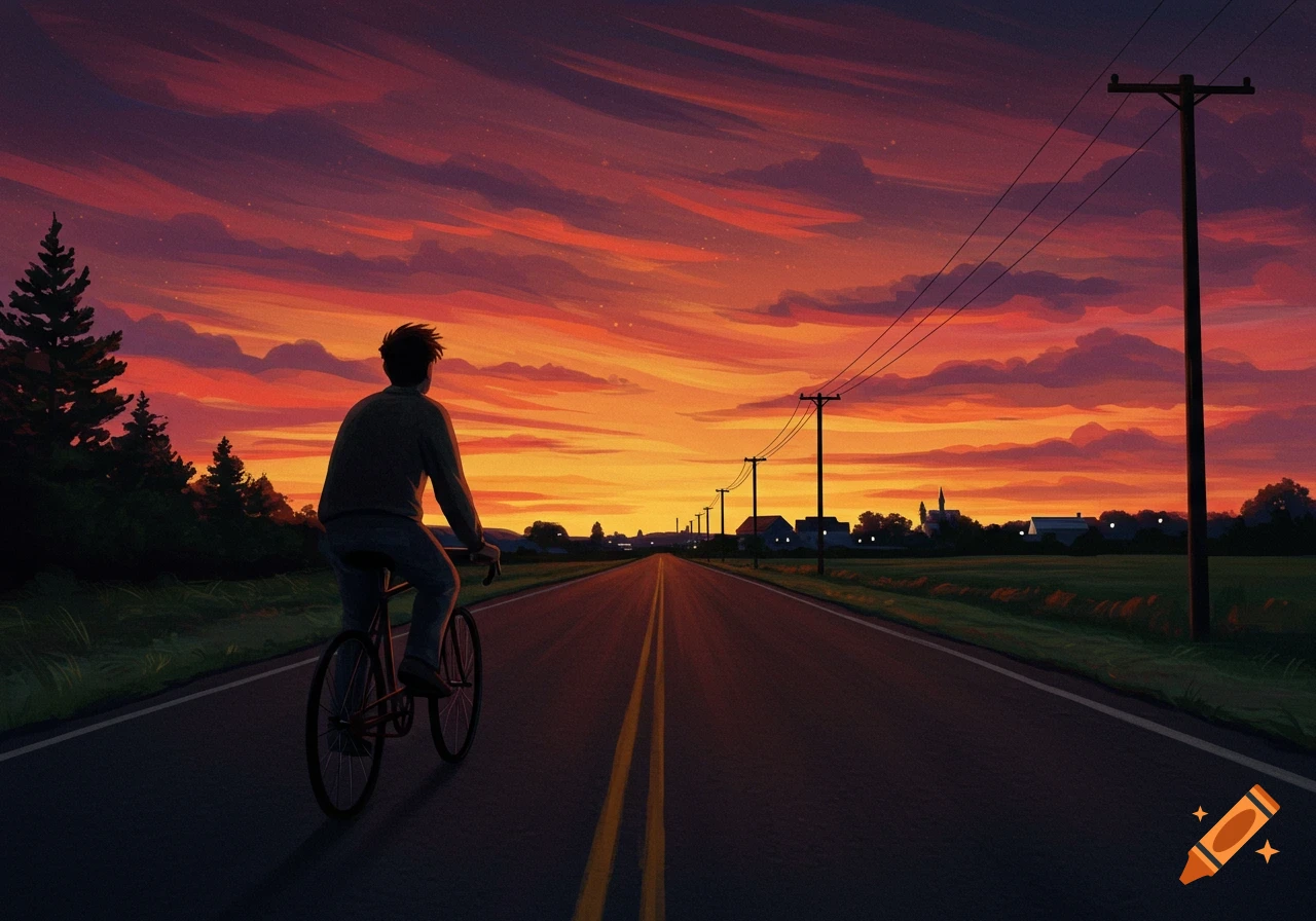 Cyclist rides down a road at sunset with telephone poles and town in ...