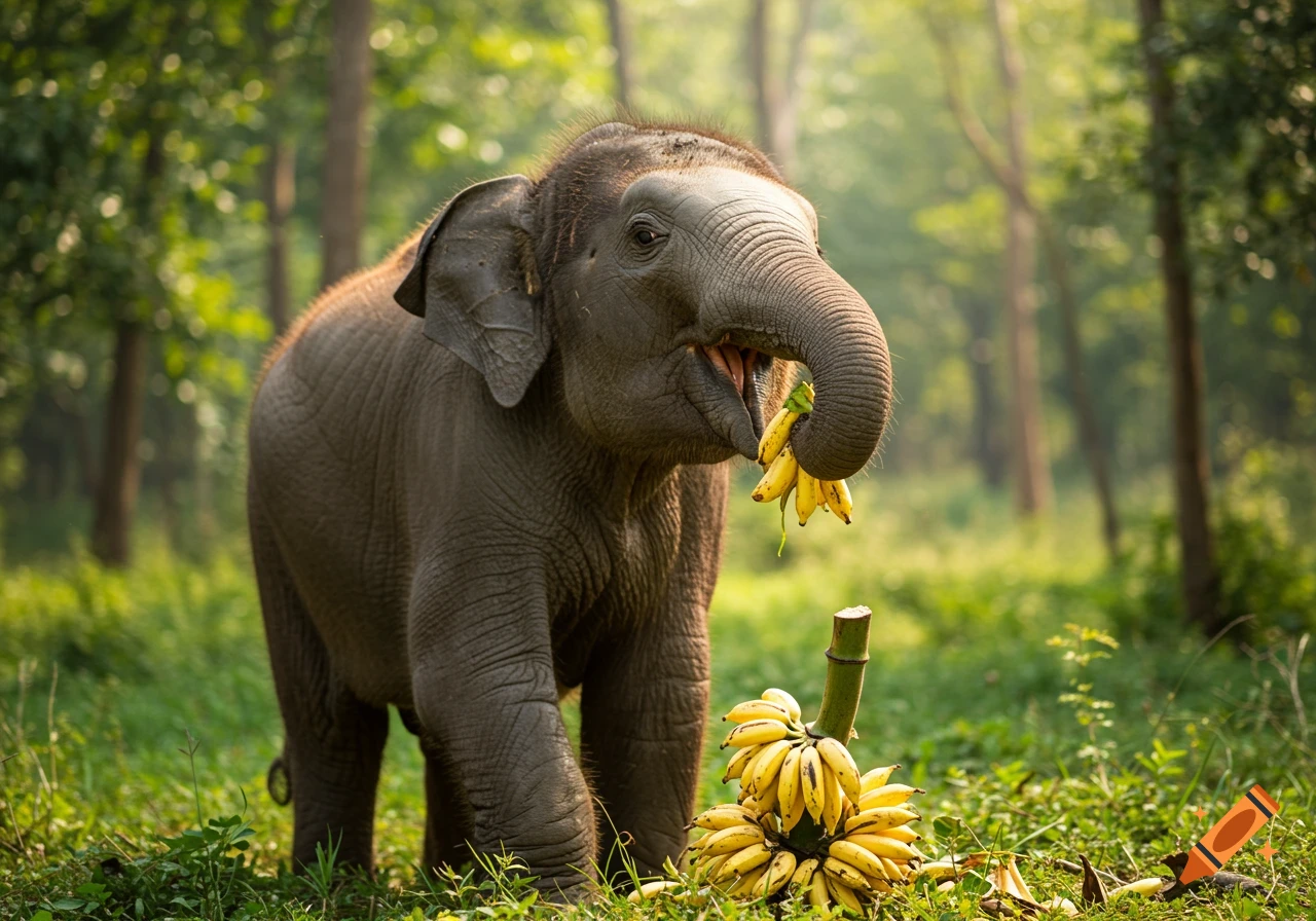 Photorealistic image of a baby elephant eating bananas in a forest. on ...